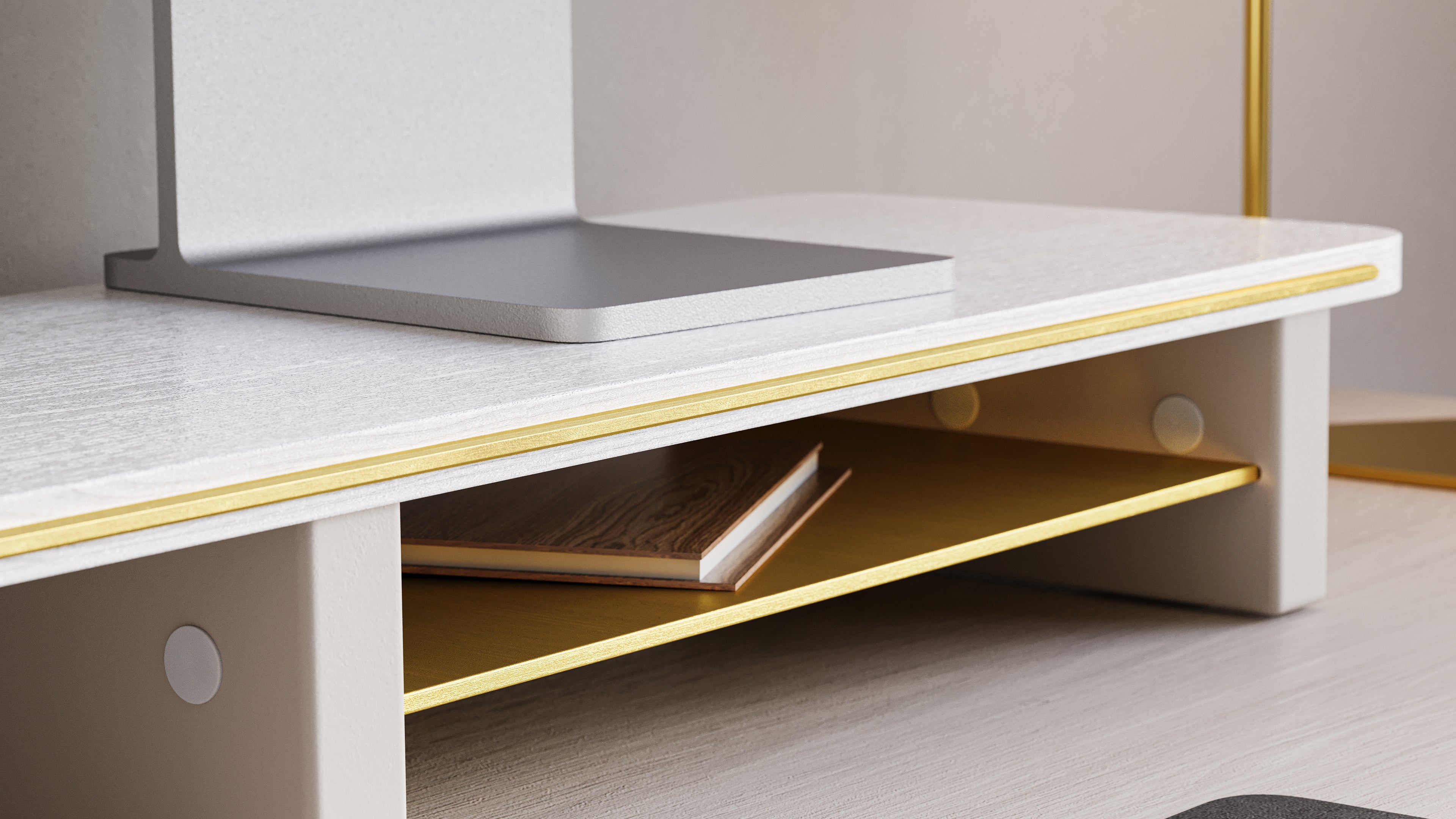 White Ash Monitor Shelf in Trim Colour Brass | Esfera Designs